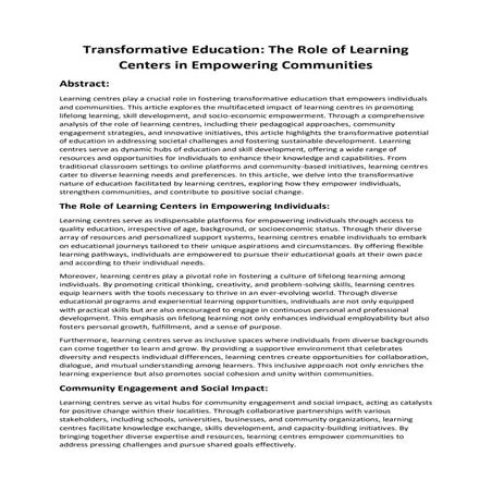 Transformative Education: The Role of Learning Centers in Empowering Communities | PDF