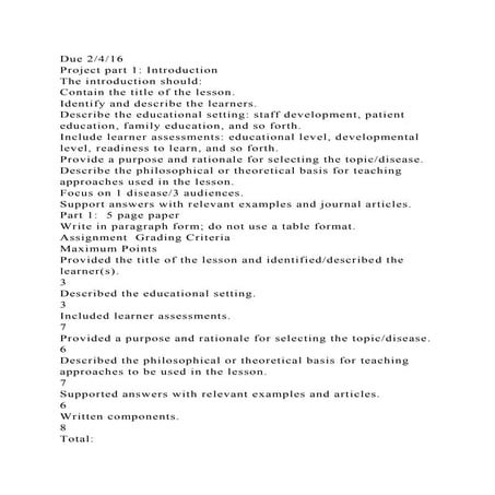 Due 2416Project part 1 IntroductionThe introduction should.docx | Educational Assessment | Education