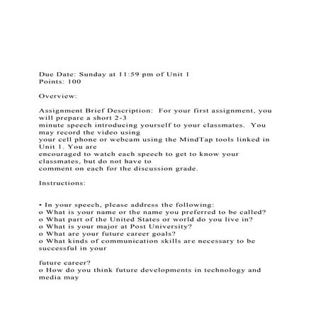 Due Date Sunday at 1159 pm of Unit 1 Points 100 .docx