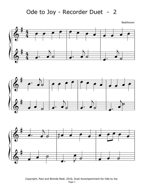 Ode To Joy 1 - Recorder Duet | PDF