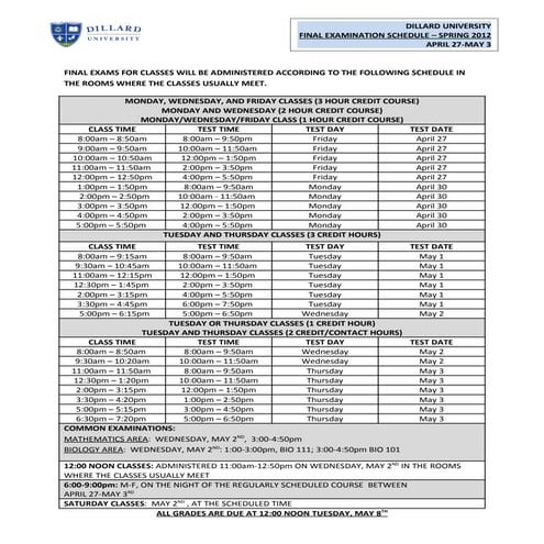 Dillard University Final Exam Schedule Spring 2012 | DOC
