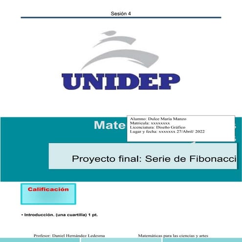 Matemáticas para las ciencias y artes: Serie de Fibonacci | DOCX