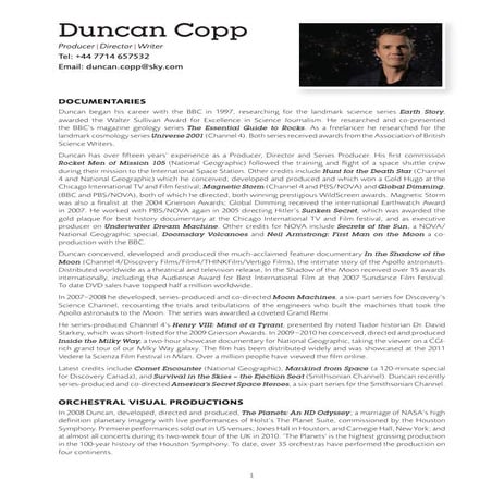 Dr. Duncan Copp Film Producer Director CV November 2017 | PDF