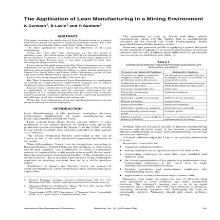Dunstan Lean thinking Applied to Mining Operations | PDF