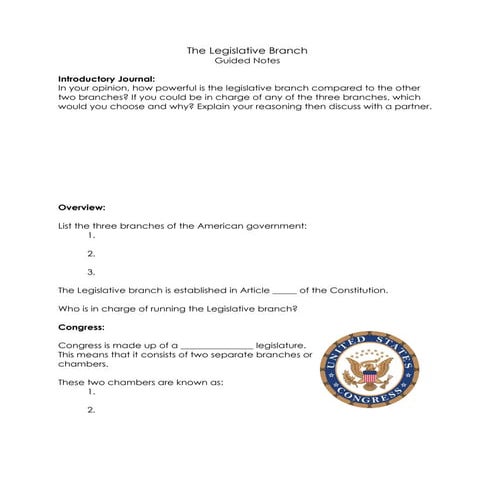 The Legislative Branch (Guided Notes) | PDF