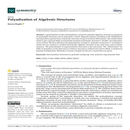 Steven Duplij, Polyadization of Algebraic Structures, Symmetry 2022, 14 ...