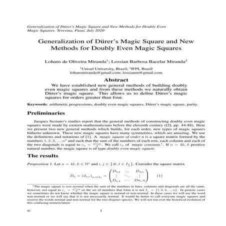 Generalization of Dürer's Magic Square and New Methods for Doubly Even ...