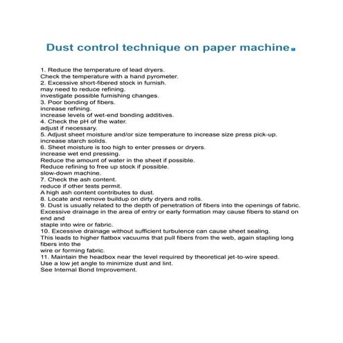Dust control technique on paper machines. | DOCX