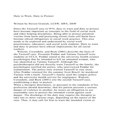 Duty to Warn, Duty to Protect Written by Steven Granich, LCS.docx