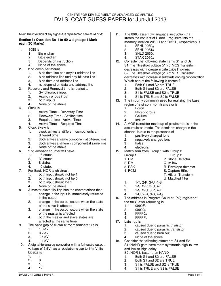 DVLSI Guess paper for CDAC CCAT Jun- Jul 2013 Enterence examination