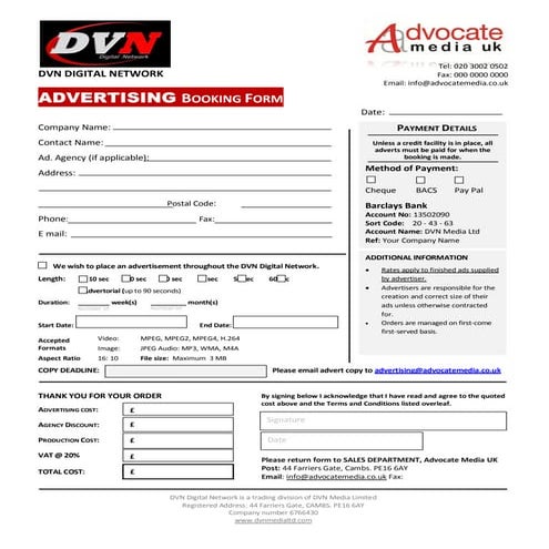 Dvn digital network ad booking form | PDF
