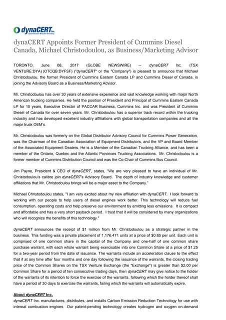 2018-06-07 dynaCERT Announces Update, New Orders, New Equipment ...