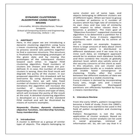 Dynamic Clustering Algorithm Using Fuzzy C Means Pdf