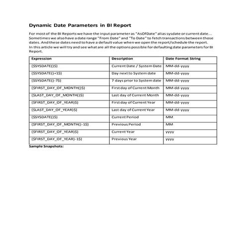 Dynamic date parameters in bi report | PDF