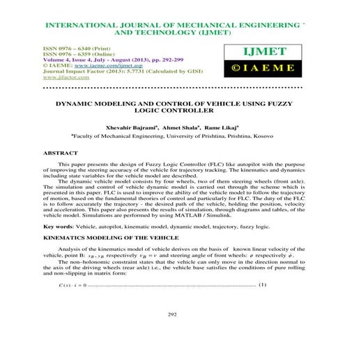 Dynamic modeling and control of vehicle using fuzzy logic controller 2 | PDF