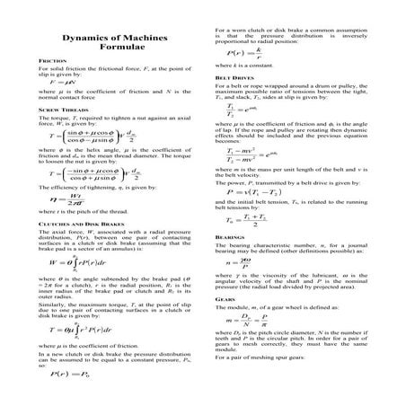 Dynamics of-machines-formulae-sheet | PDF