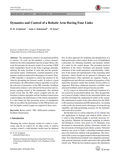 PID control dynamics of a robotic arm manipulator with two degrees of ...