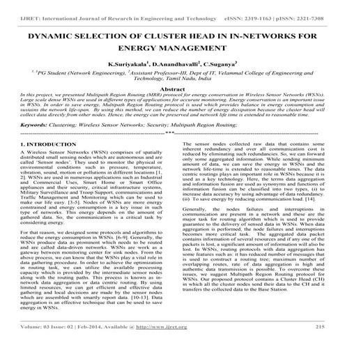 Dynamic Selection Of Cluster Head In In Networks For Energy Management