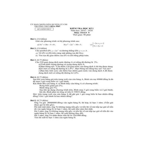 Đề Thi HK2 Toán 9 - THCS Hoà Phú | PDF