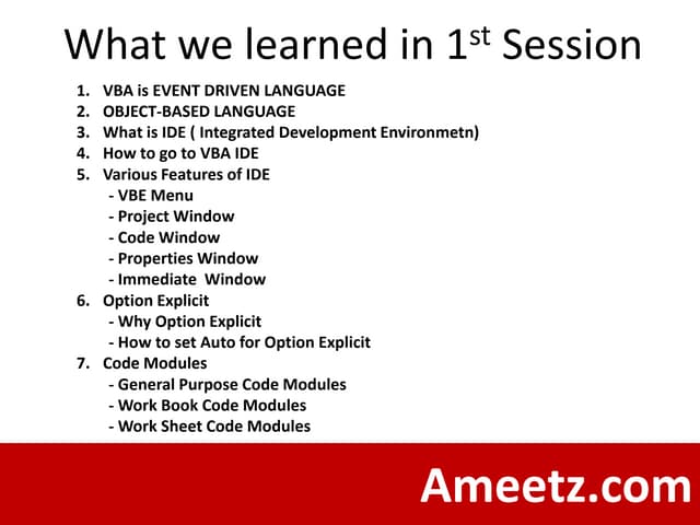 E Learning Excel Vba Programming Lesson 2 Ppt