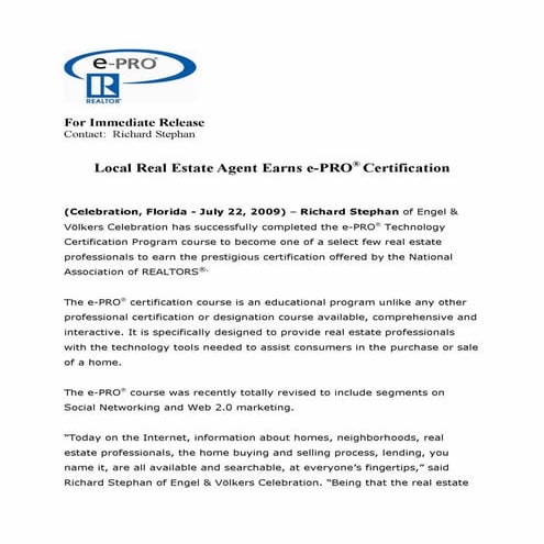 Local Real Estate Agent Earns e-PRO® Certification | PDF