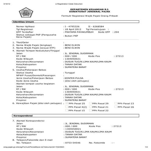 Formulir Registrasi NPWP | PDF