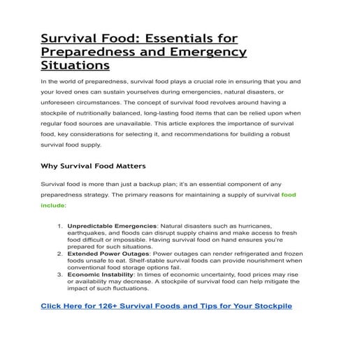 Survival Food: Essentials for Preparedness and Emergency Situations | PDF