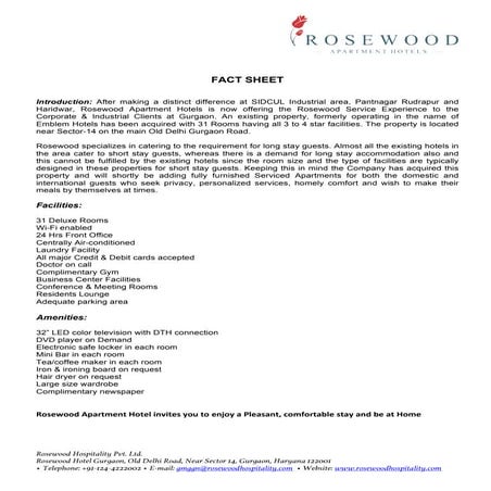 Rosewood Gurgaon Fact Sheet(1) | PDF | Hotels and Motels | Travel Type