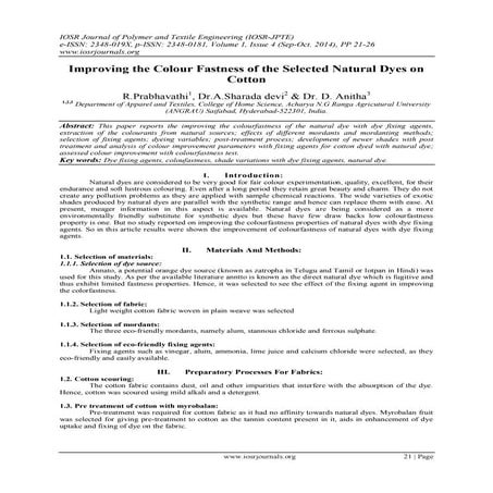 Improving the Colour Fastness of the Selected Natural Dyes on Cotton | PDF