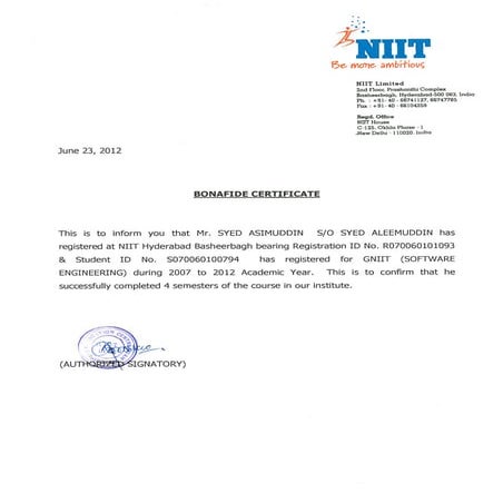 NIIT Bonafide Certificate | PDF