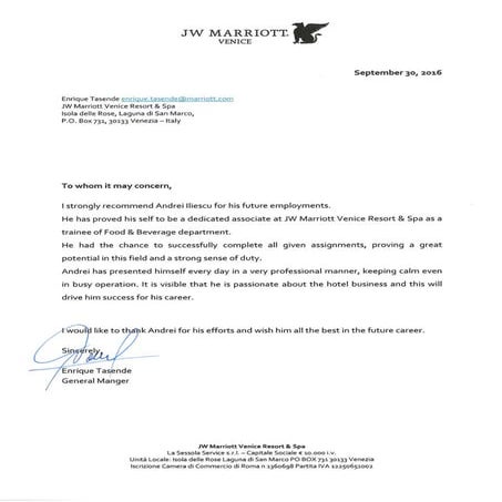 Andrei Iliescu - Reference letter JW Marriott Venice | PDF