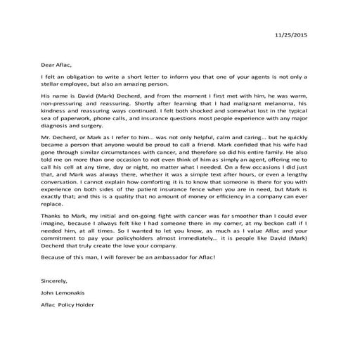 Letter to Aflac regarding agent Decherd (1) | DOCX | Cancer | Diseases ...