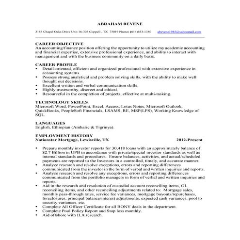 Abraham Beyene Resume | PDF | Home Financing | Personal Debt