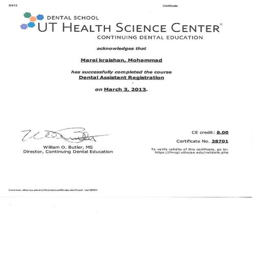 Dental Assistant Registration Certificate(TX) | PDF