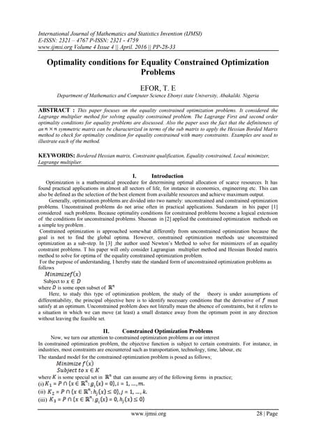 Optimality Conditions For Equality Constrained Optimization Problems Pdf