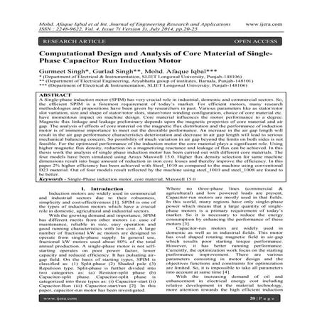 Computational Design and Analysis of Core Material of Single-Phase Capacitor Run Induction Motor ...