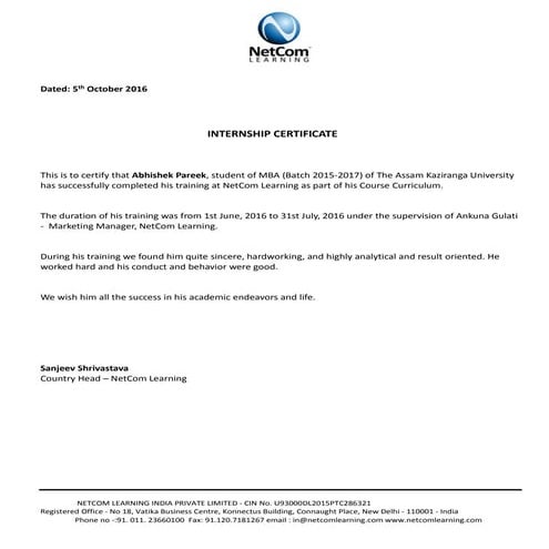 Intership Letter - Abhishek Pareek | PDF