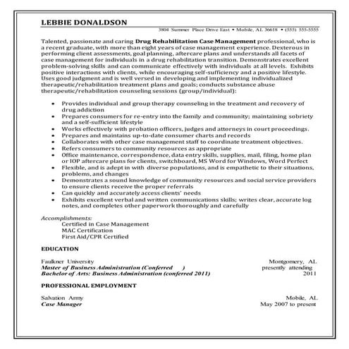 Resume Sample - Drug Rehabilitation Case Manager | DOCX