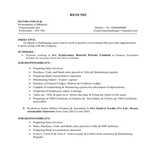 MANI RESUME | DOC | Business | Business and Finance