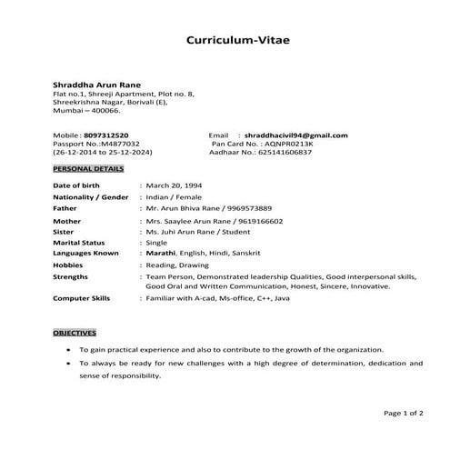 Shraddha Arun Rane CV | DOC