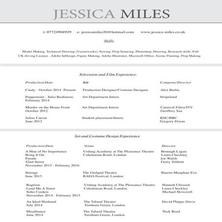 Jessica Miles CV July 2016 | PDF | Theater Venues | Attractions