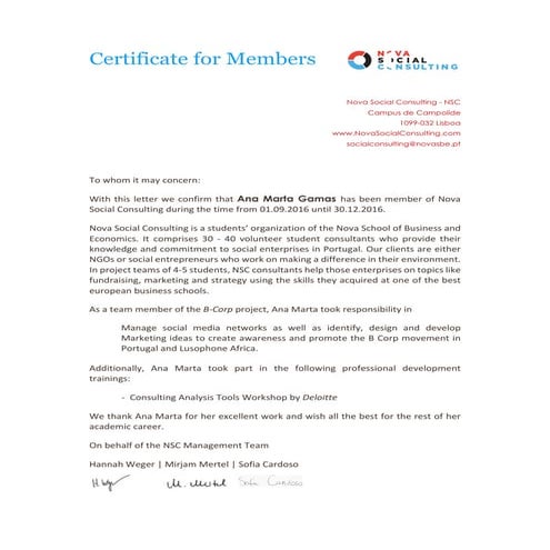 NSC_Certificate_Ana Marta Gamas | PDF