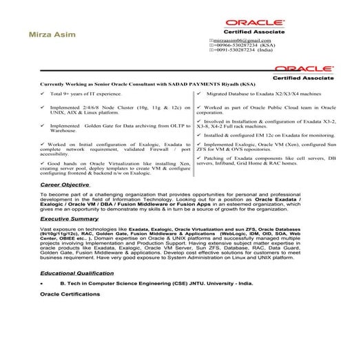 Asim CV - (9+ Yrs Exadata,Exalogic,Oracle VM,Cloud, GG, DBA,Fusion MW ...