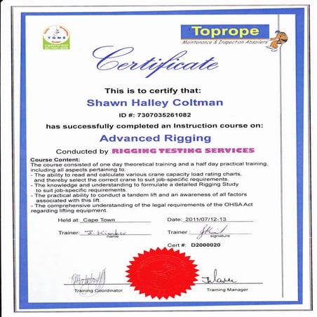 Cert of Advanced Rigging July 2011 | PDF