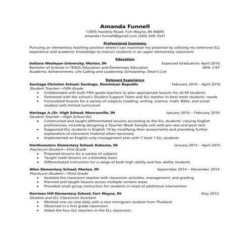 Resume--Amanda Funnell | PDF | Primary Education | Education