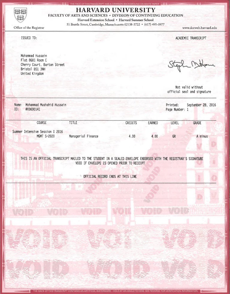 Harvard University Transcript
