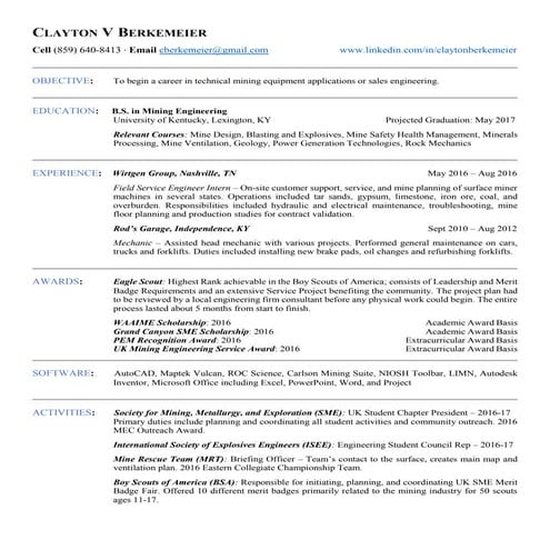 Clayton Berkemeier Mining Resume | PDF
