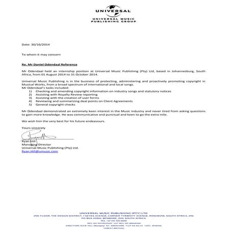 Daniel Reference Letter - Universal Music Publishing | PDF