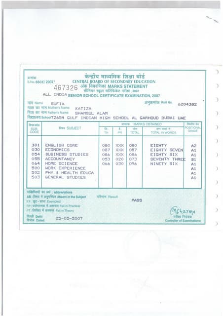 ACCA Mark Sheet 2009 and 2010 - SUFIA | PDF