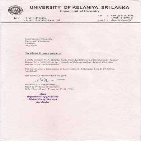 UNIVERSITY OF KELANIYA SRI LANKA_Experience Letter | PDF